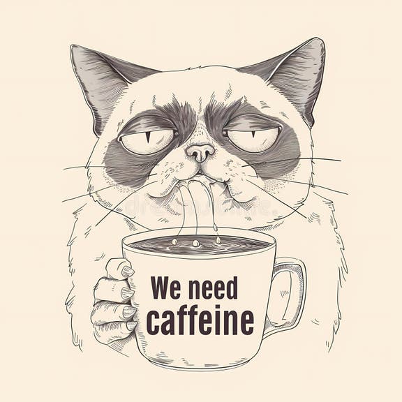Minimalist Grumpy Cat with Coffee Cup – "we Need Caffeine" Stock ...