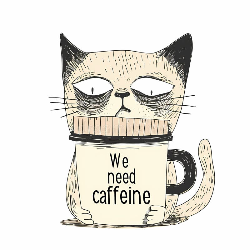 Minimalist Grumpy Cat with Coffee Cup – "we Need Caffeine" Stock ...