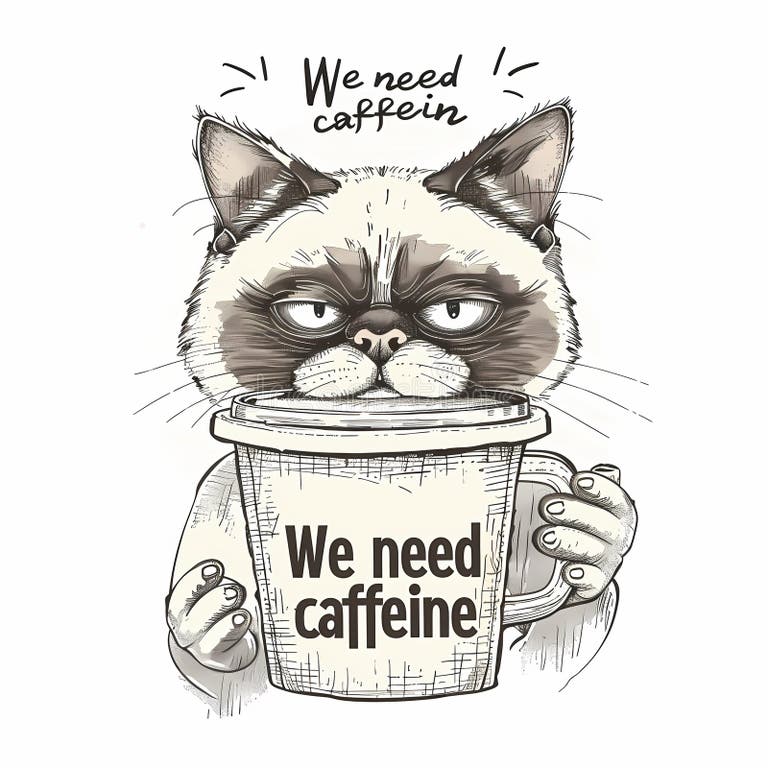 Minimalist Grumpy Cat with Coffee Cup – "we Need Caffeine" Stock ...