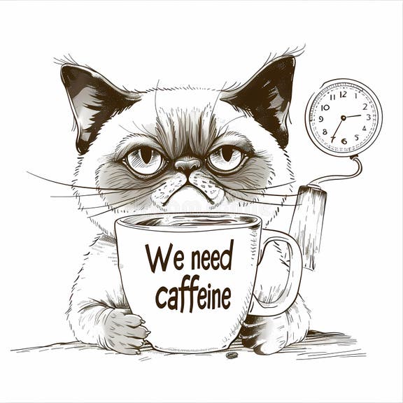 Minimalist Grumpy Cat with Coffee Cup – "we Need Caffeine" Stock ...