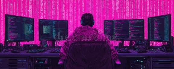 Hacker Working Late Neon Pink Coding Multiple Monitors Digital Rain ...