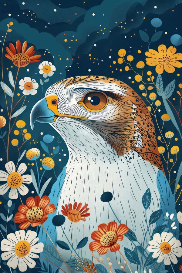 Majestic Hawk Amidst Blooming Flowers: a Stunning Nature Illustration ...