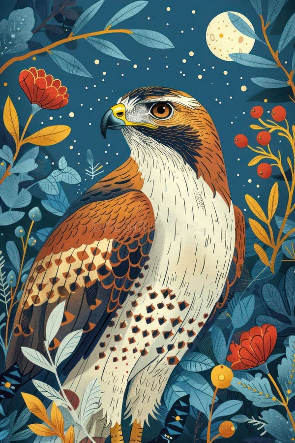 Majestic Red-tailed Hawk in Night Garden Stock Illustration ...