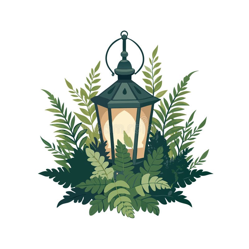 Decorative Lantern Surrounded by Stylized Foliage Illustration on White ...