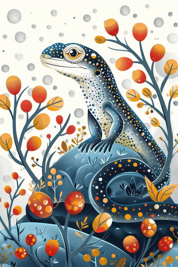 Charming Blue Lizard in a Whimsical Floral Garden Stock Illustration ...