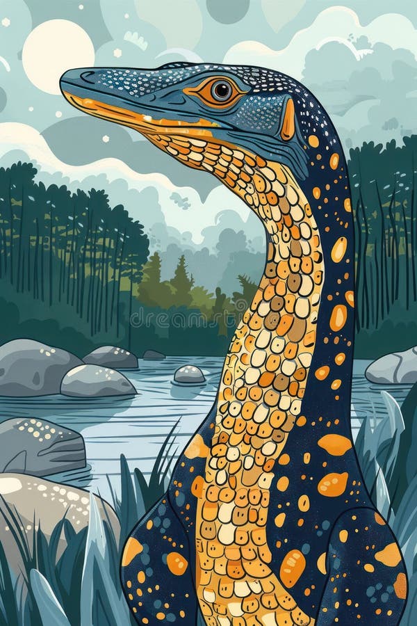 Majestic Yellow-Spotted Monitor Lizard by the River Stock Illustration ...