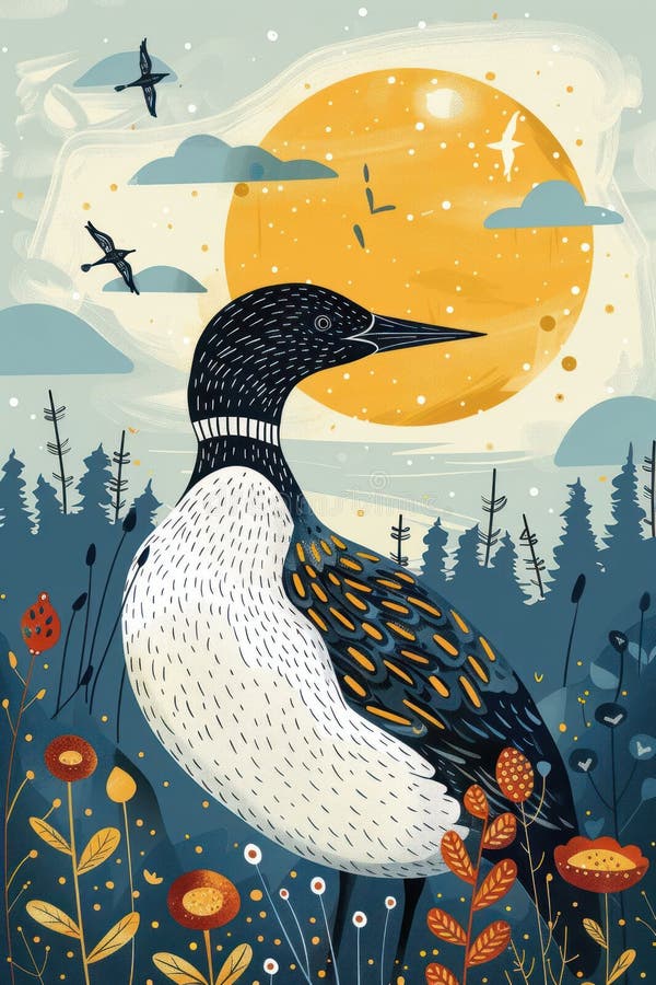Majestic Loon Bird in Floral Meadow at Sunset Stock Illustration ...