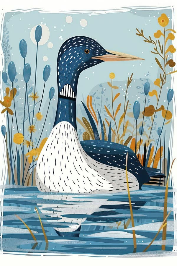 Elegant Loon Bird in Aquatic Floral Setting Stock Illustration ...