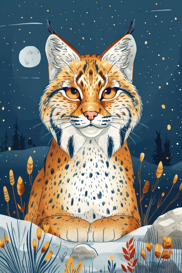 Charming Bobcat in Winter Night Landscape Stock Illustration ...
