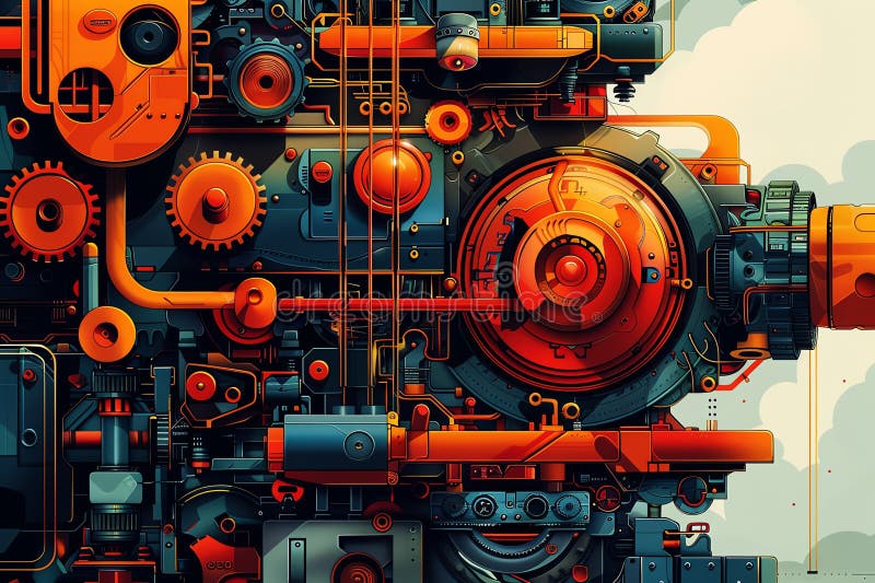 A Stylized Illustration of a Machine with Gears and Levers, Rendered in ...