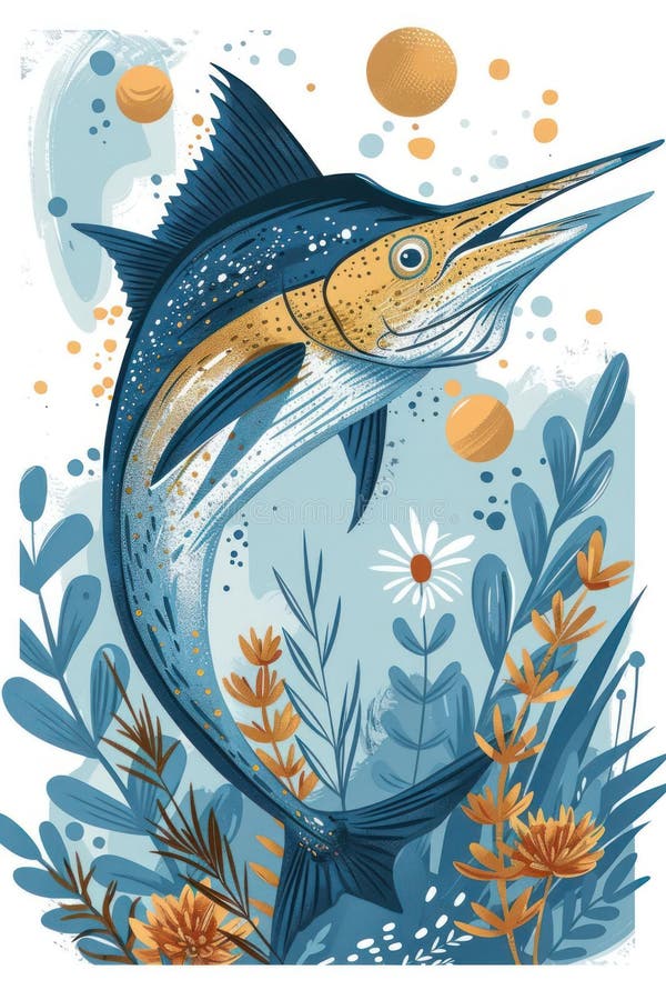 Striking Blue Marlin Leaping through Aquatic Flora, Underwater Scene ...