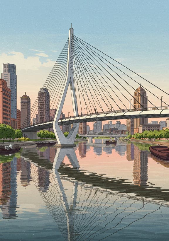 A Stylized Illustration of a Modern Cable-stayed Bridge with a ...