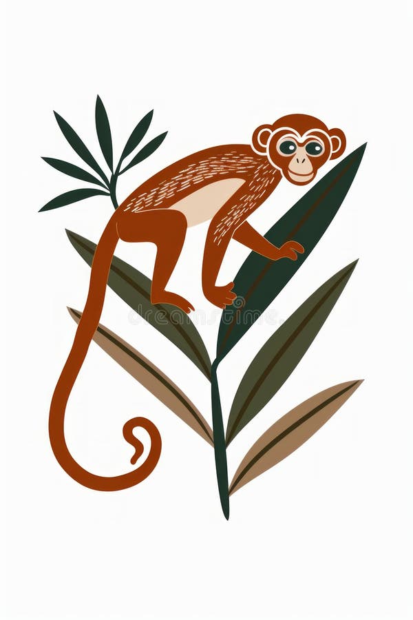Stylized Illustration of a Monkey with a Long Tail Sitting on a Branch ...