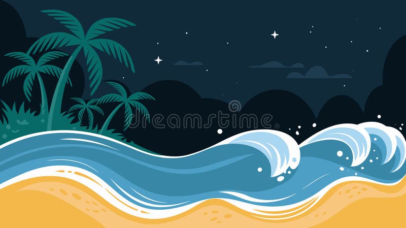 Stylized Illustration of Night Beach Scene with Palm Trees and Waves ...