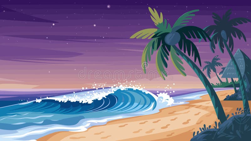 Stylized Illustration of Night Beach Scene with Palm Trees and Waves ...