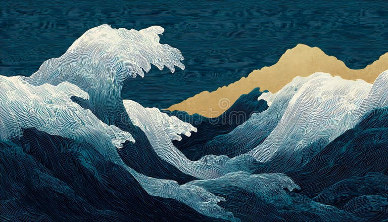 A Stylized Illustration of Ocean Waves, Featuring Large, Cresting Waves ...