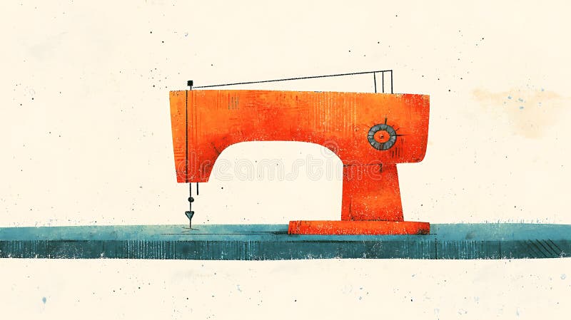Stylized Illustration of an Orange Sewing Machine on a Teal Surface ...