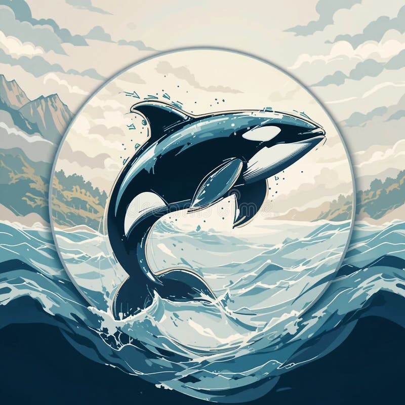 Stylized Illustration of an Orca Leaping from the Ocean, Surrounded by ...