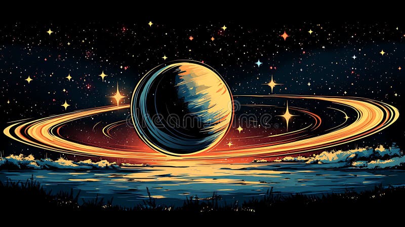 A Stylized Illustration of a Planet with Rings, Set Against a Starry ...