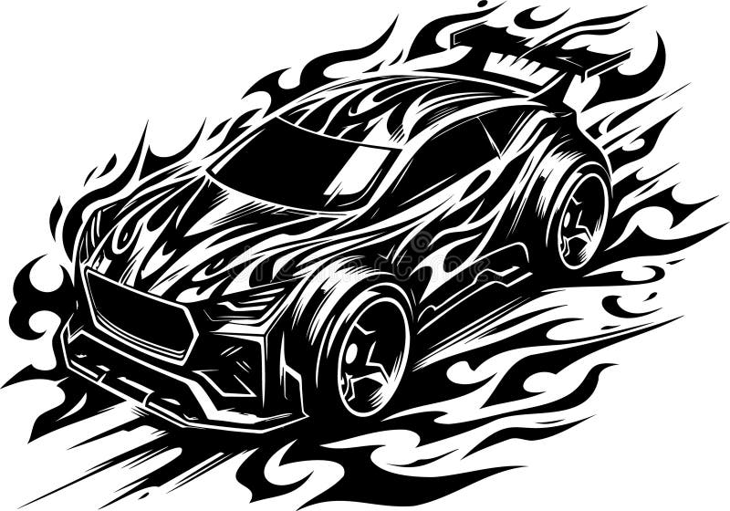 Stylized Illustration of a Racing Car with Flames in a Dynamic Vector ...