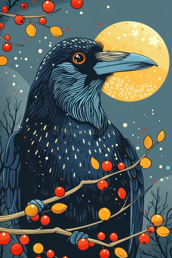 Majestic Raven Perched on Winter Branch Under the Moon Stock ...