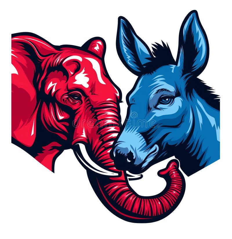 Stylized Illustration of a Red Elephant and a Blue Donkey Facing Each ...