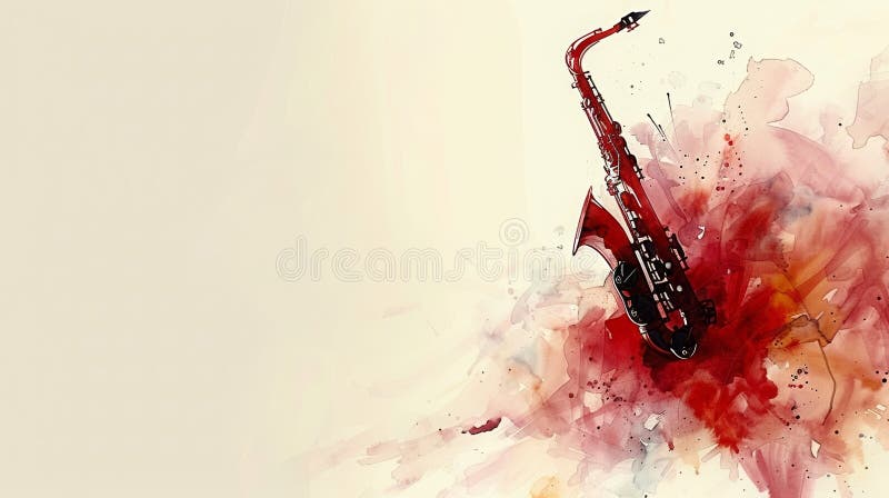 A Stylized Illustration of a Red Saxophone with Watercolor Splashes in ...