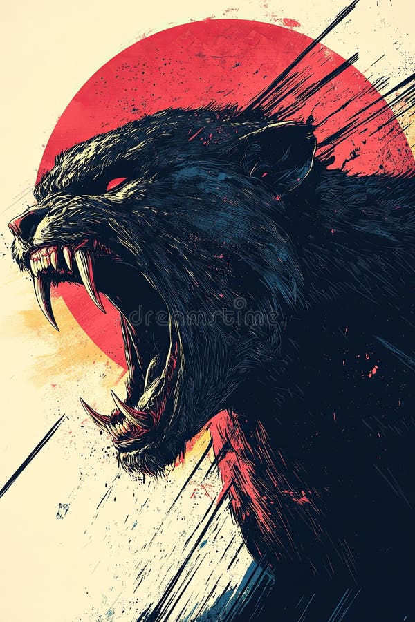 Stylized Illustration of a Roaring Black Panther Against a Red Sun ...