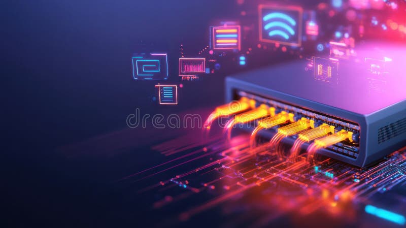 Stylized Illustration of Router and Switch with Vibrant Data Flow Stock ...
