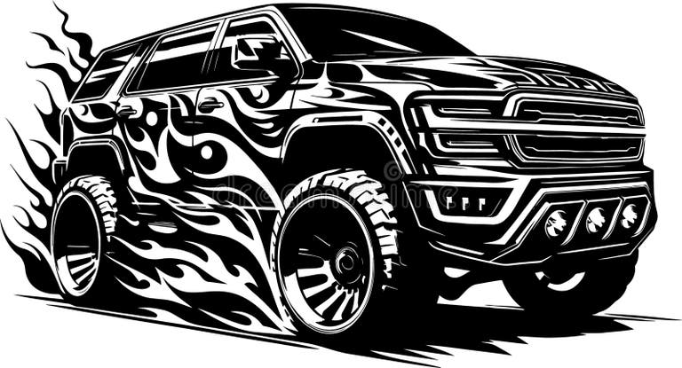 Stylized Illustration of a Rugged SUV with Flame Graphics in a ...