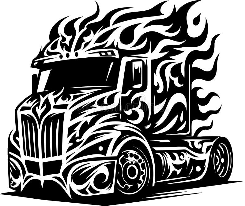 Stylized Illustration of a Semi-truck with Flame Patterns Stock ...