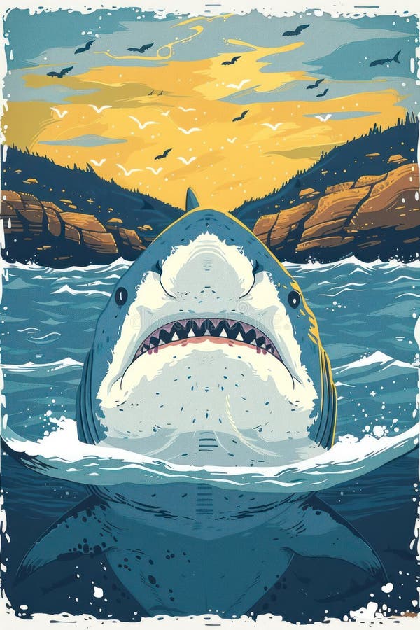 Great White Shark Emerging from Ocean Depths at Sunset Stock ...