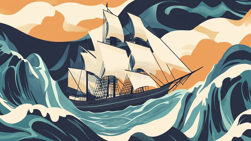 A Stylized Illustration of a Ship Sailing through Rough Seas. Stock ...