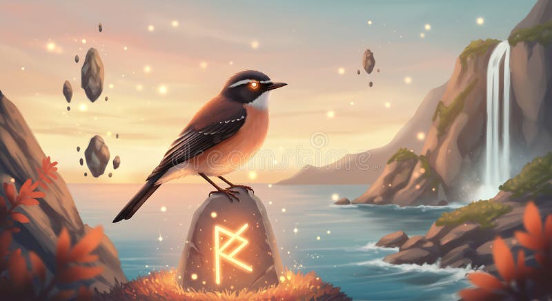 Enchanted Bird Resting Atop a Runestone in a Mystical Landscape ...