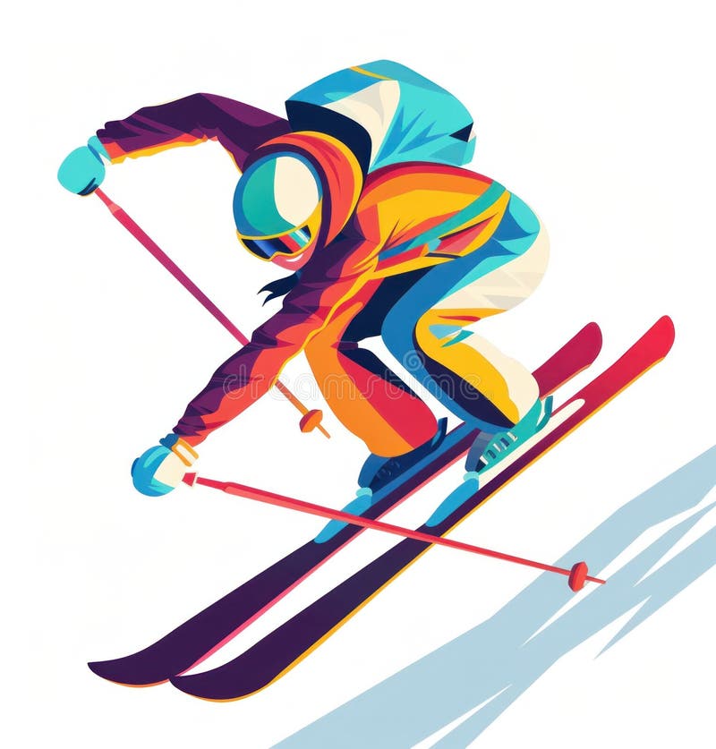 Colorful Skier in Dynamic Pose, Descending Slope with Vibrant Gear and ...