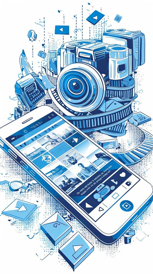 Stylized Illustration of Smartphone and Camera with Video Content ...