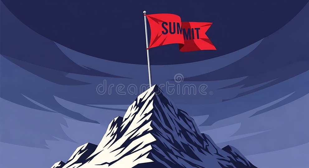 A Stylized Illustration of a Snow-capped Mountain Peak with a Red Flag ...