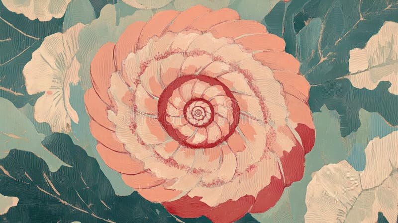 A Stylized Illustration of a Spiral Shell Surrounded by Leafy Patterns ...
