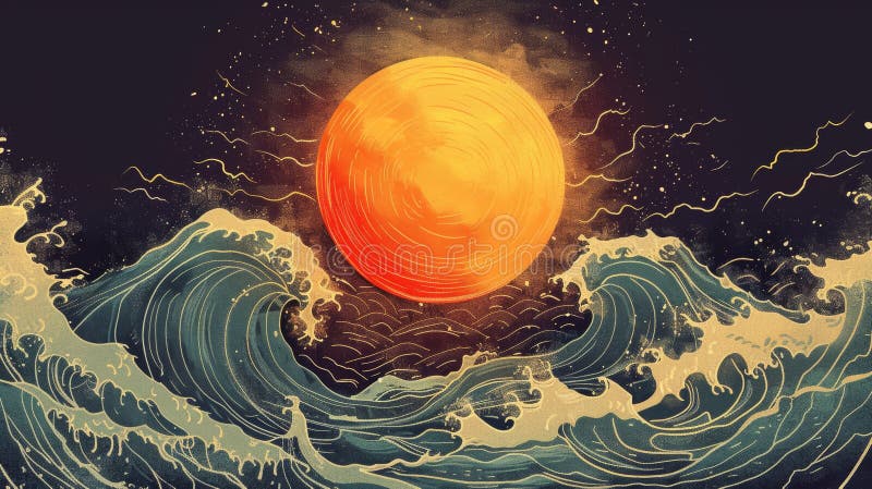 Stylized Illustration of Sun and Waves Stock Image - Image of golden ...