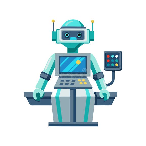 Stylized Illustration of a Teal Robot Operating a Console with a ...