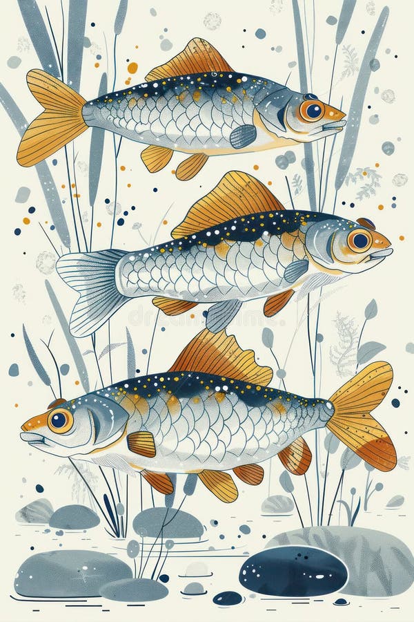 Three Elegant Fish Swimming in a Pond with Aquatic Plants Stock ...