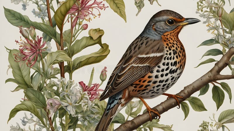 Botanical-Inspired Thrush Illustration with Delicate Watercolor Accents ...