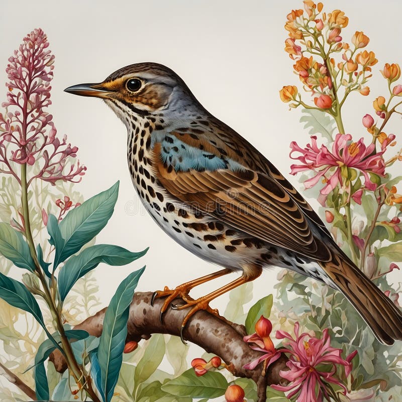 Elegant Thrush Illustrated with Botanical Elements and Soft Watercolor ...