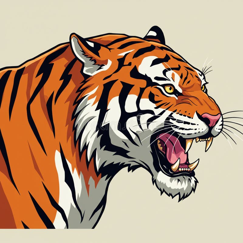 Stylized Illustration of a Tiger with an Open Mouth, Baring Sharp Teeth ...