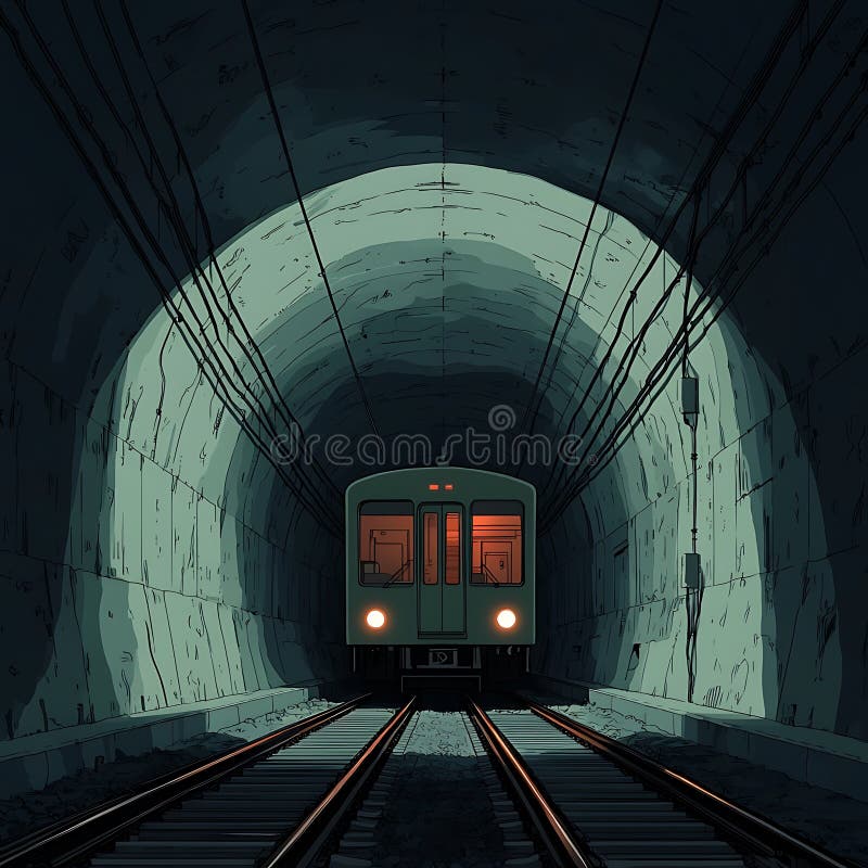 A Stylized Illustration of a Train Emerging from a Dark Subway Tunnel ...