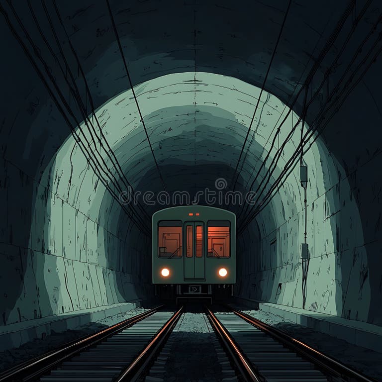 A Stylized Illustration of a Train Emerging from a Dark Subway Tunnel ...
