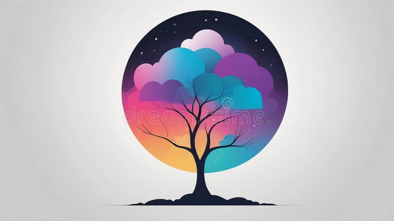 A Stylized Illustration of a Tree with a Colorful Circular Sky As Its ...