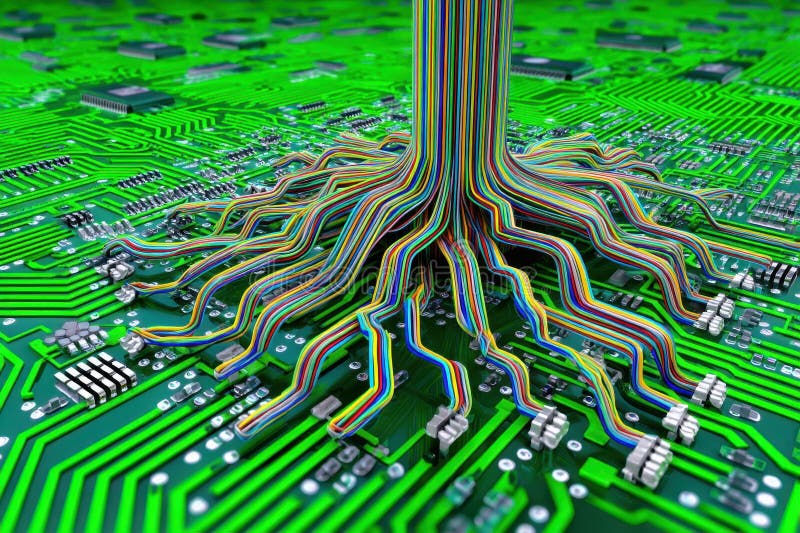 Stylized Illustration of a Tree Root System Rendered on a Circuit Board ...