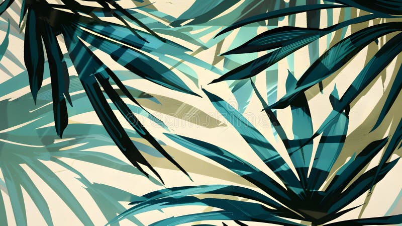 A Stylized Illustration of Tropical Leaves in Shades of Teal and Green ...