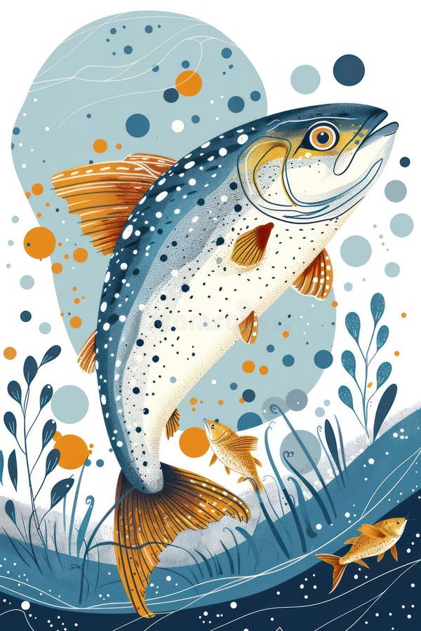 Vibrant Illustration of a Leaping Trout in Aquatic Paradise Stock ...